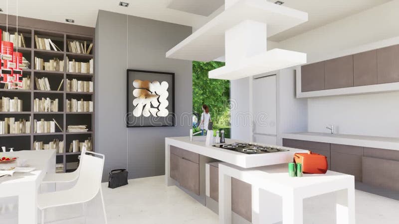 Big White Modern Kitchen Animation Stock Footage - Video of mansion ...