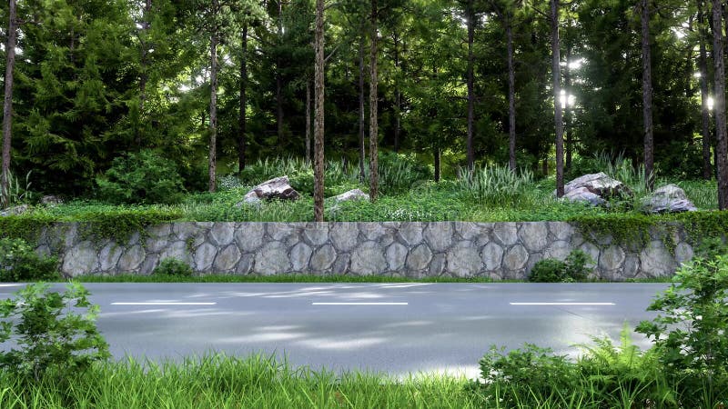 3D Animation Render of a Quiet Road Bordered by a Stone Wall and Dense ...