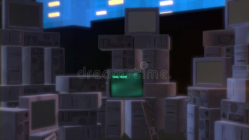 3D Animation of a Room with Old Computers and an Inscription on the ...