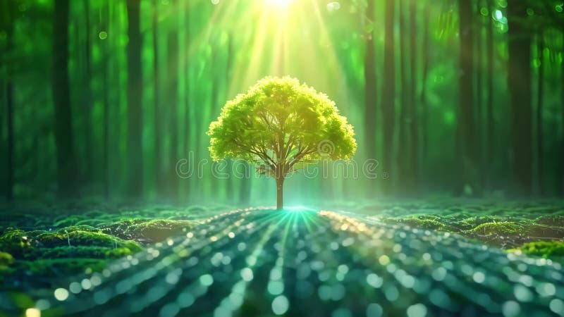 3d Animation of Small Tree in a Forest Landscape with Sunrays Lighting ...