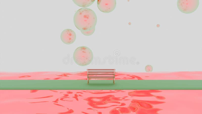 3D Animation with Soap Bubbles. Design. 3D Space with Bench and Colored ...