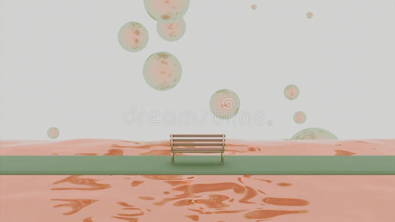 3D Animation with Soap Bubbles. Design. 3D Space with Bench and Colored ...