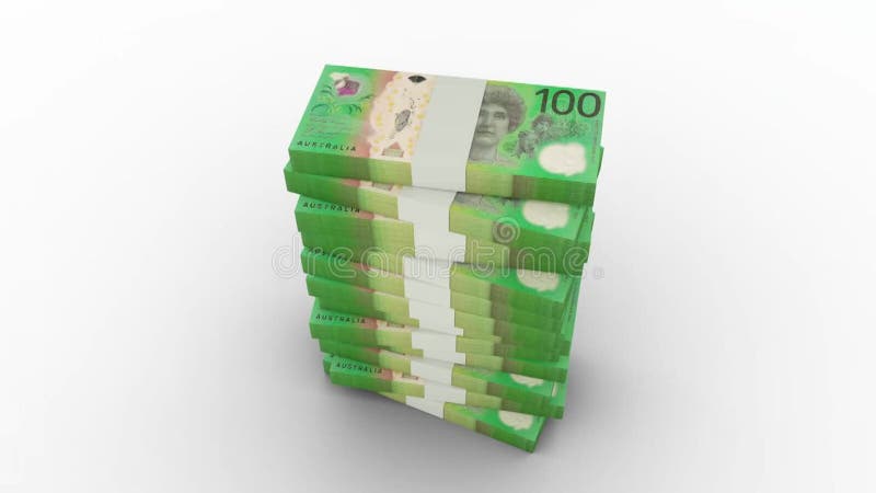 3d Animation of Stacks of 100 Australian Dollar Notes Falling on Blue ...