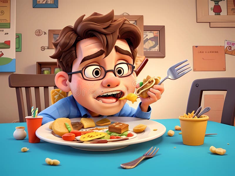 3D Animation Style Young Boy Sitting at the Table with Junk Food Stock ...