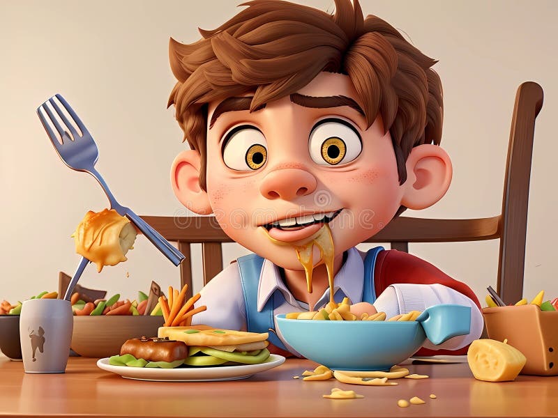 3D Animation Style Young Boy Sitting at the Table with Junk Food Stock ...