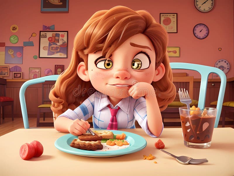 3D Animation Style Young Boy Sitting at the Table with Junk Food Stock ...