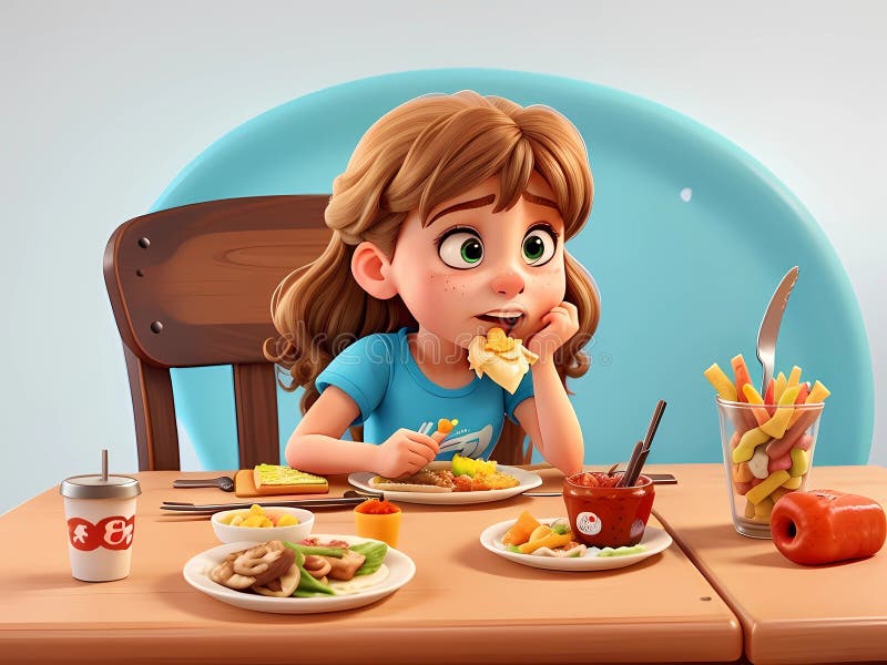 3D Animation Style Young Boy Sitting at the Table with Junk Food Stock ...