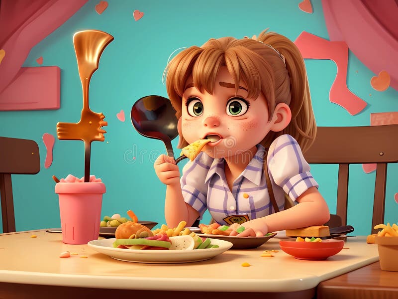 3D Animation Style Young Boy Sitting at the Table with Junk Food Stock ...