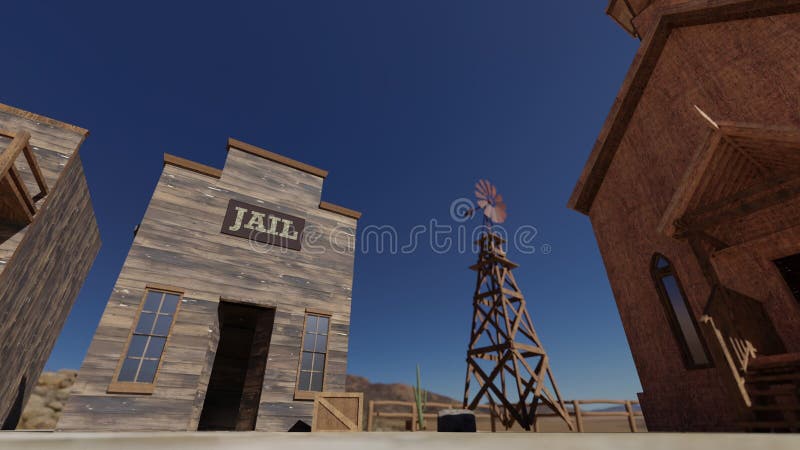 3D Animation of a Western Ghost Town on a Sunny Day, Including Several ...