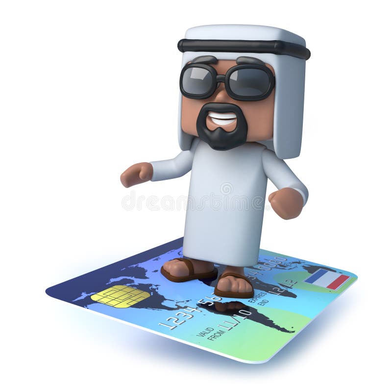 3d Funny Cartoon Arab Sheik Character Holding a Debit Card Stock ...