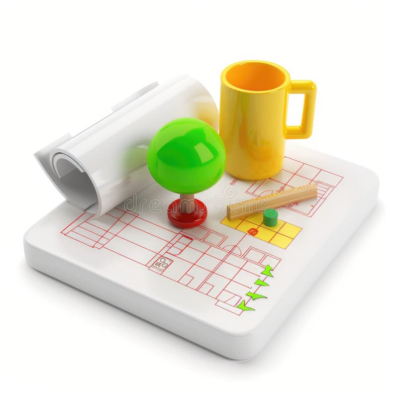 Architectural Design Plan with Coffee Mug and Tree Stock Illustration ...