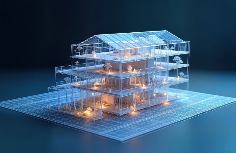 3D Architectural Engineering Blueprint Shows Modern Building Design ...
