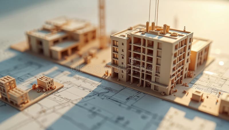 3D Architectural Illustration Construction Building Model on Blueprints ...