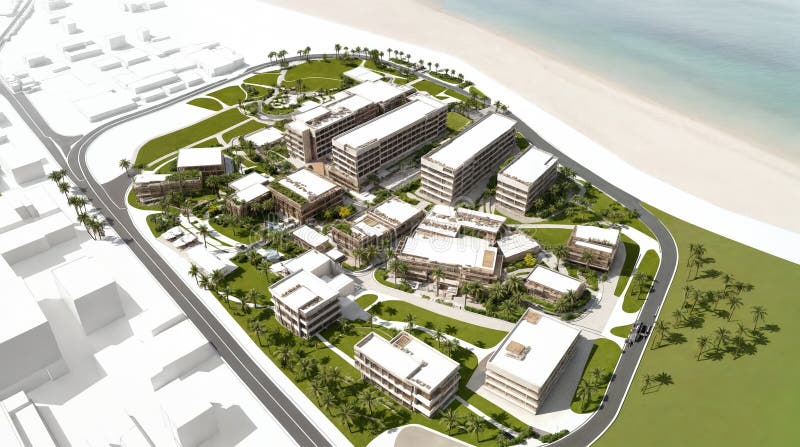 3D Architectural Rendering of a Modern Beachfront Stock Illustration ...