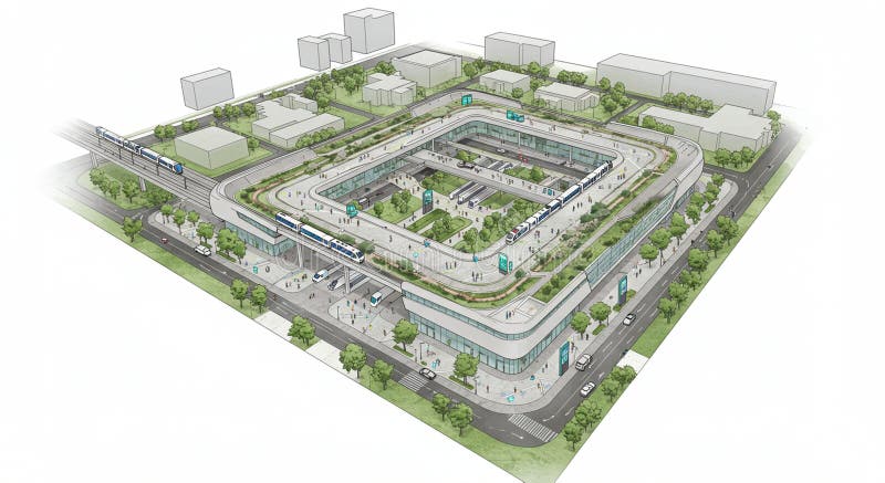 A 3D Architectural Rendering of a Modern Urban Transit Hub. the Design ...