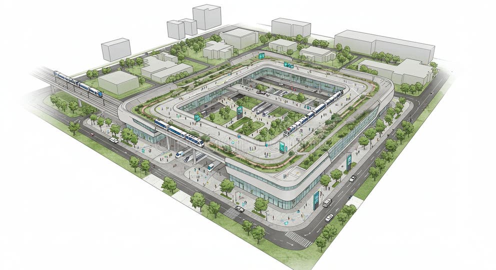 A 3D Architectural Rendering of a Modern Urban Transit Hub. the Design ...