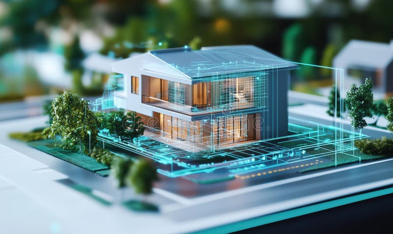 3D Architectural Visualization of Modern House with Digital Overlay and ...