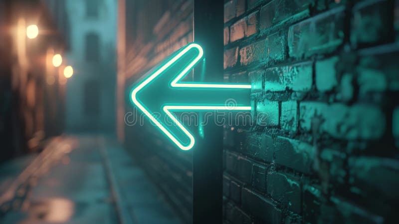 A 3D Arrow with a Neon Glow Pointing Forward on Brick Walls Stock ...