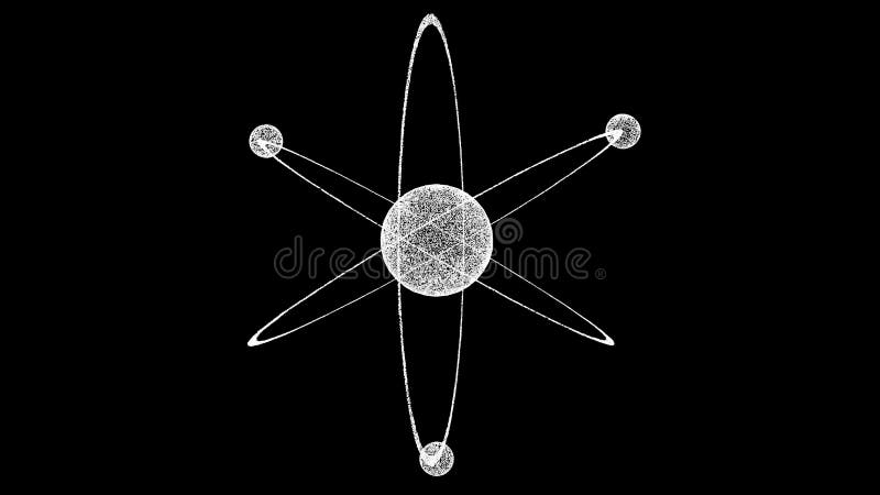 3D Atom Model with a Nucleus and Electrons Rotates on Black Bg. Object ...