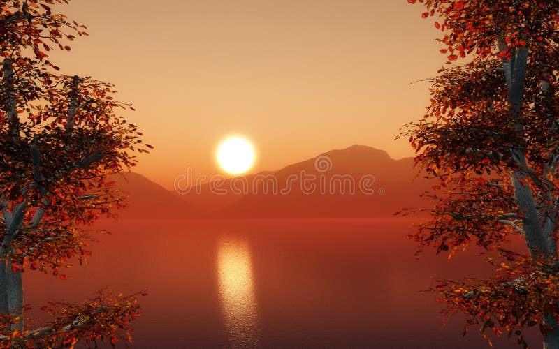 3D Autumn Landscape with Sunset Sky Stock Illustration - Illustration ...