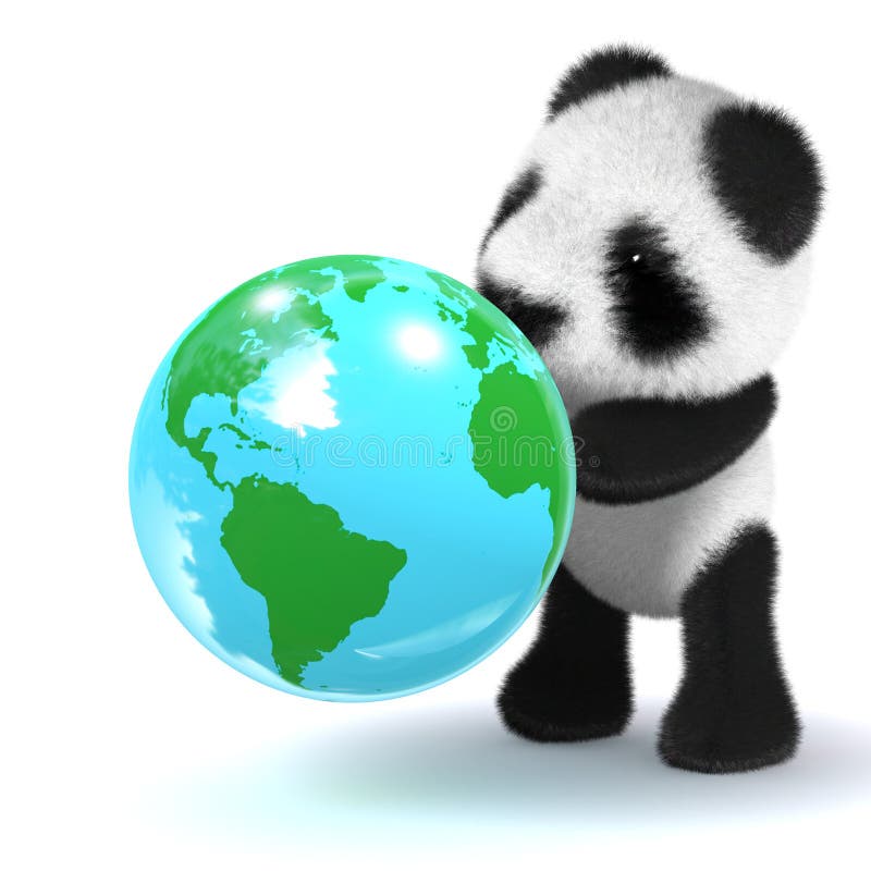 3d Baby Panda Bear Looks at a Globe of the Earth Stock Illustration ...