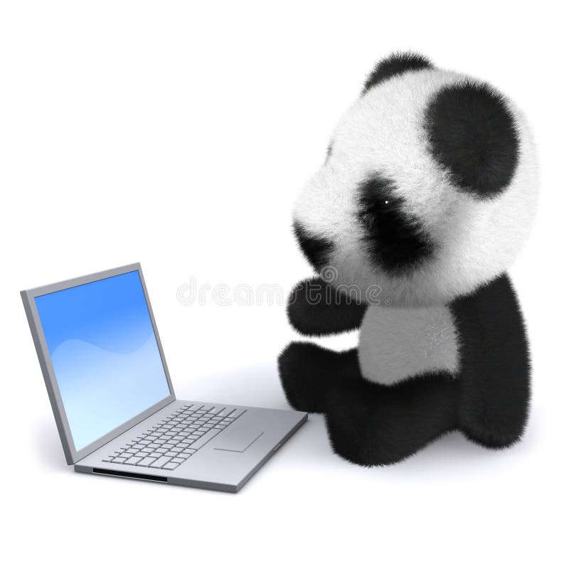 3d Baby Panda with laptop stock illustration. Illustration of fuzzy ...