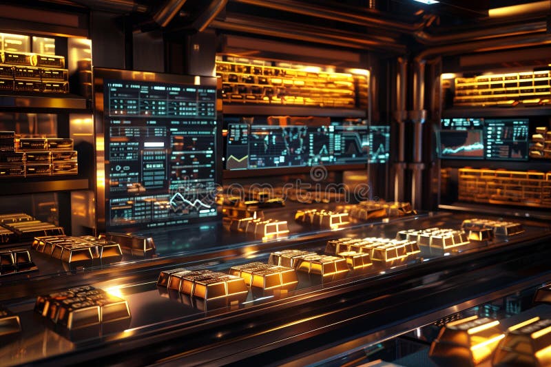 3D Backdrop of a Vault Filled with Gold Bars and Digital Screens ...