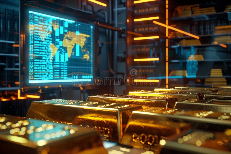 3D Backdrop of a Vault Filled with Gold Bars and Digital Screens ...