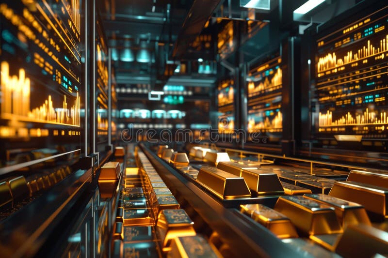 3D Backdrop of a Vault Filled with Gold Bars and Digital Screens ...