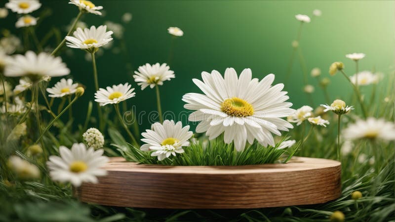 3D Background, Wood Podium Display. White Daisy Flower Falling. Stock ...