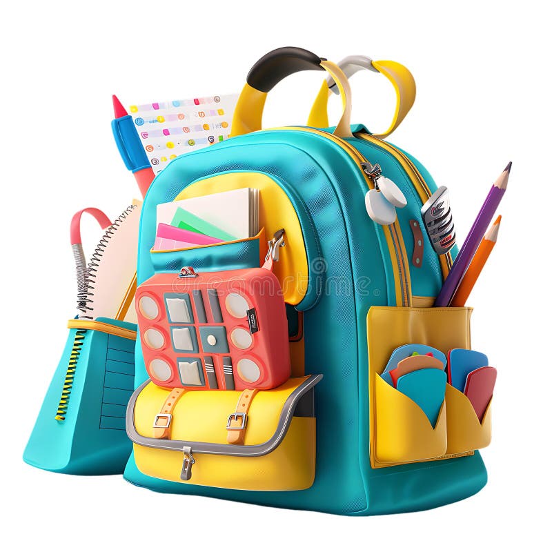 3D Backpack with Various School Stationery Illustration Stock ...