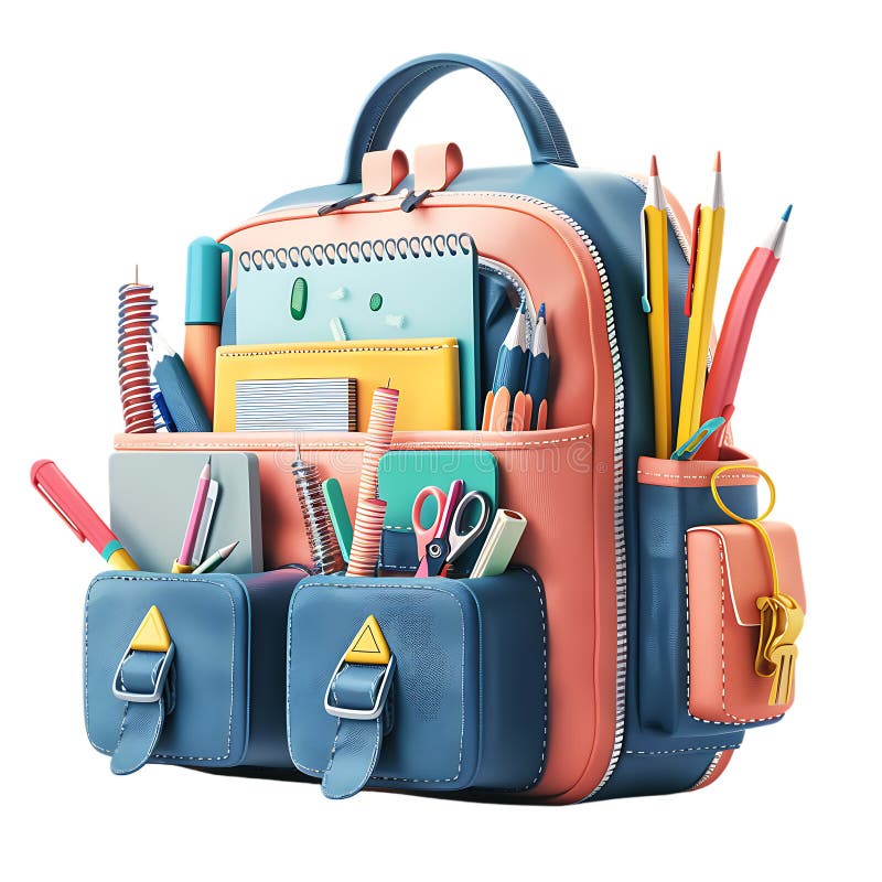 3D Backpack with Various School Stationery Illustration Stock ...
