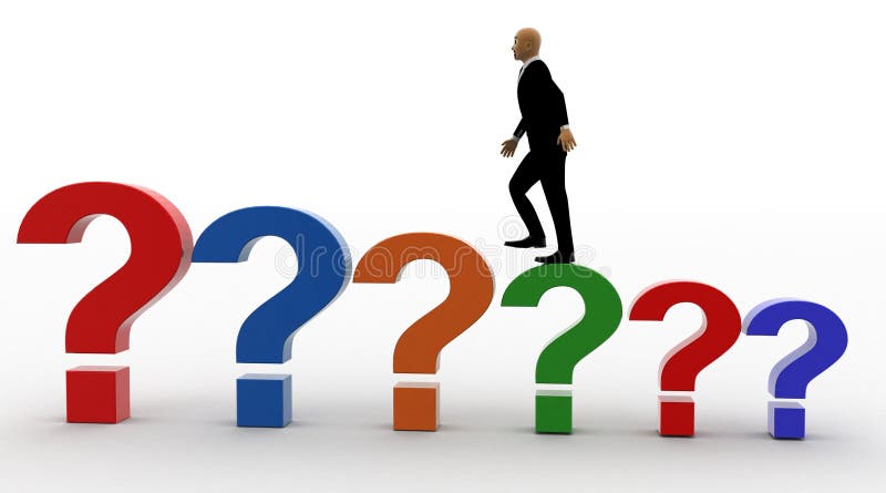 3d Bald Head Man Walking on Stair Steps of Question Marks Stock ...