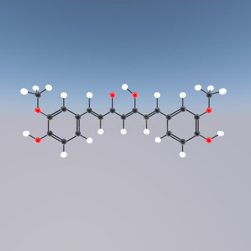 Curcumin Turmeric Spice Molecule, 3D Rendering. Atoms are Represented ...