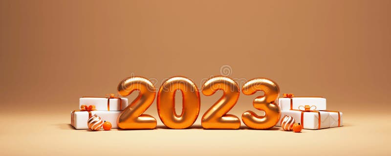 3D Balloon 2023 Number with Gift Boxes, Baubles on Bronze Background ...