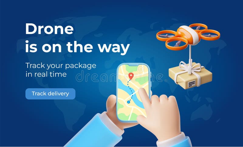 3d Banner with Quadcopter Carrying Parcel and Hands with Smartphone and ...