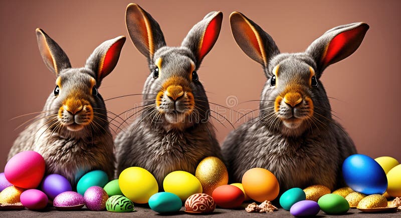 3d Poster Of Three Easter Bunnies With Colorful Eggs Easter Concept