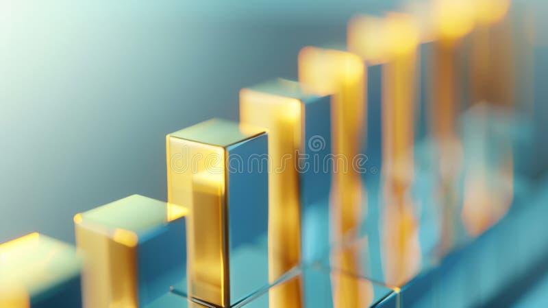 3D Bar Chart with Ascending Gold Bars on Light Blue Background Stock ...