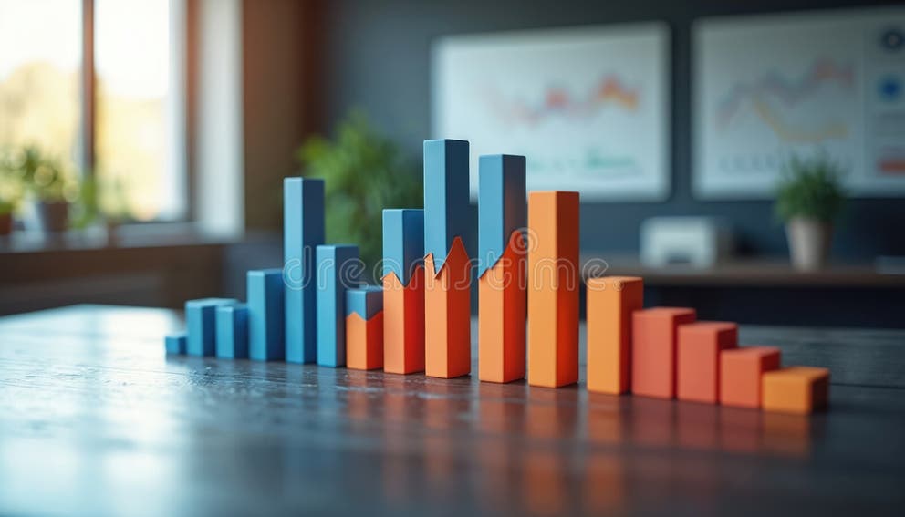 3D Bar Chart Displaying Data Analytics, Visualization Trends. Blue ...