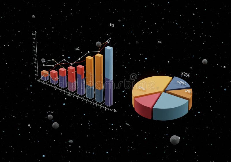 A 3D Bar Chart and Pie Chart Float Against a Starry Space Background ...