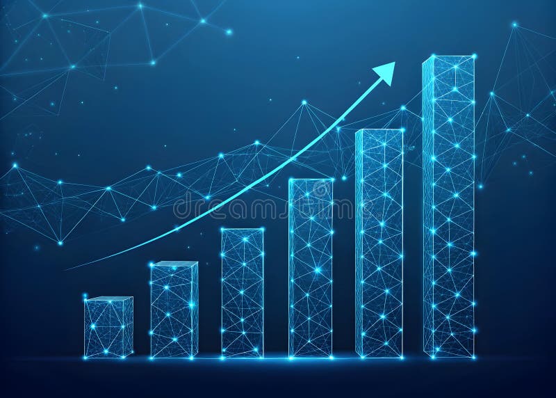 3D Bar Graph with Blue Lines and Dots on Dark Blue Background Stock ...