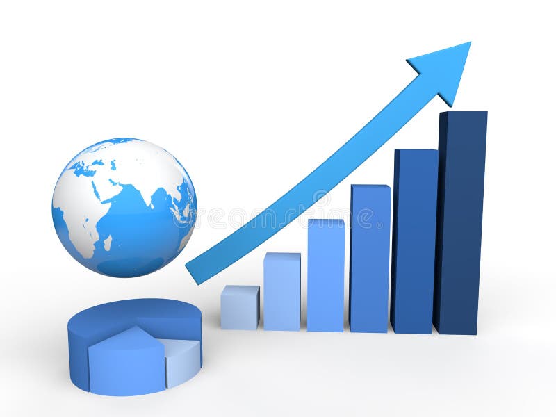 3d Bar and Pie Graph with Arrow and Earth Sphere Stock Illustration ...