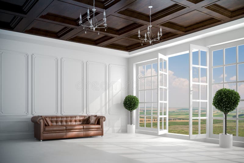 3d Beautiful Vintage White Interior with Big Windows Stock Illustration ...