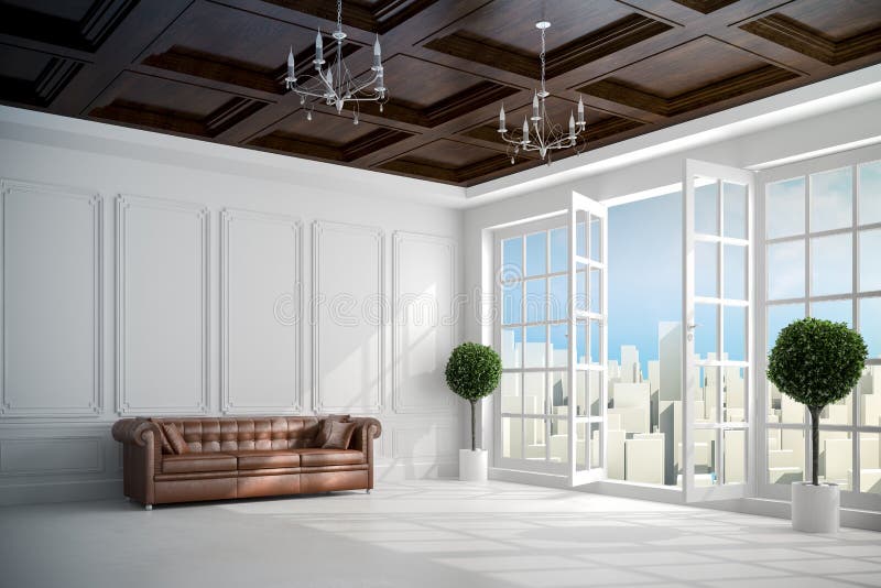 3d Beautiful Vintage White Interior with Big Windows Stock Illustration ...