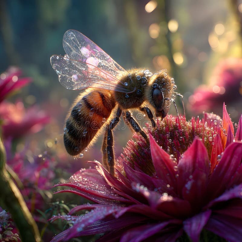 3D Bee on a Giant Flower in Hyperrealistic Nature Scene Stock Illustration - Illustration of ...