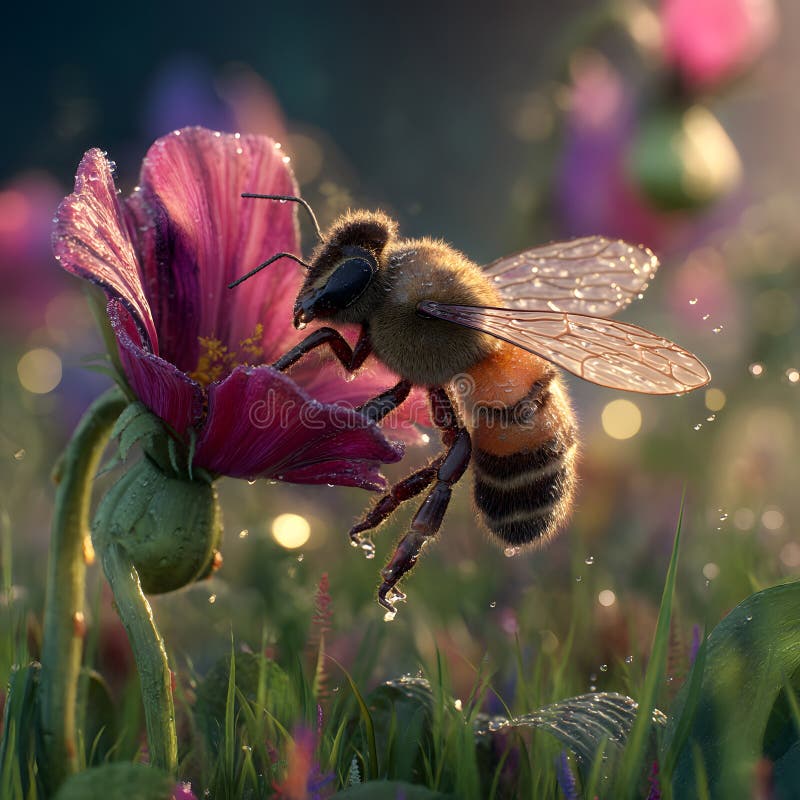 3D Bee on a Giant Flower in Hyperrealistic Nature Scene Stock Illustration - Illustration of ...
