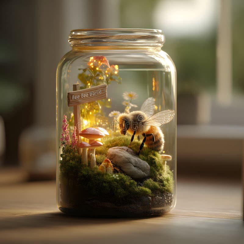 3D Bee in a Glass Jar Terrarium with Micro World Stock Illustration ...