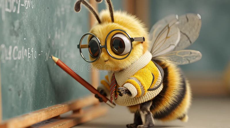 3D Bee Student with Glasses and Pencil in Tiny School Uniform Flying ...
