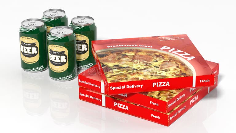 3D Beer Cans and Pizza Boxes Stock Illustration - Illustration of drink ...