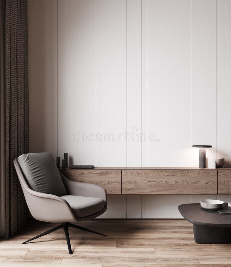 3d Beige Interior with Wood Sideboard with Wooden Wall, 3d Rendering ...